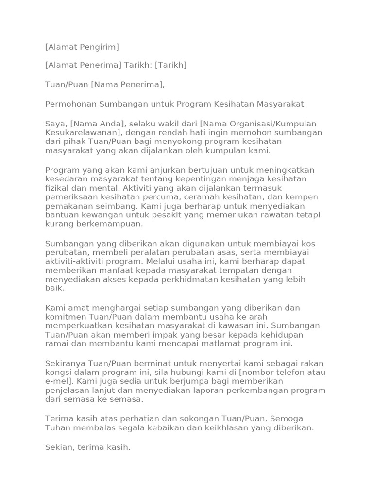 Surat Permohonan Sumbangan Untuk Program Kesihatan Masyarakat | PDF