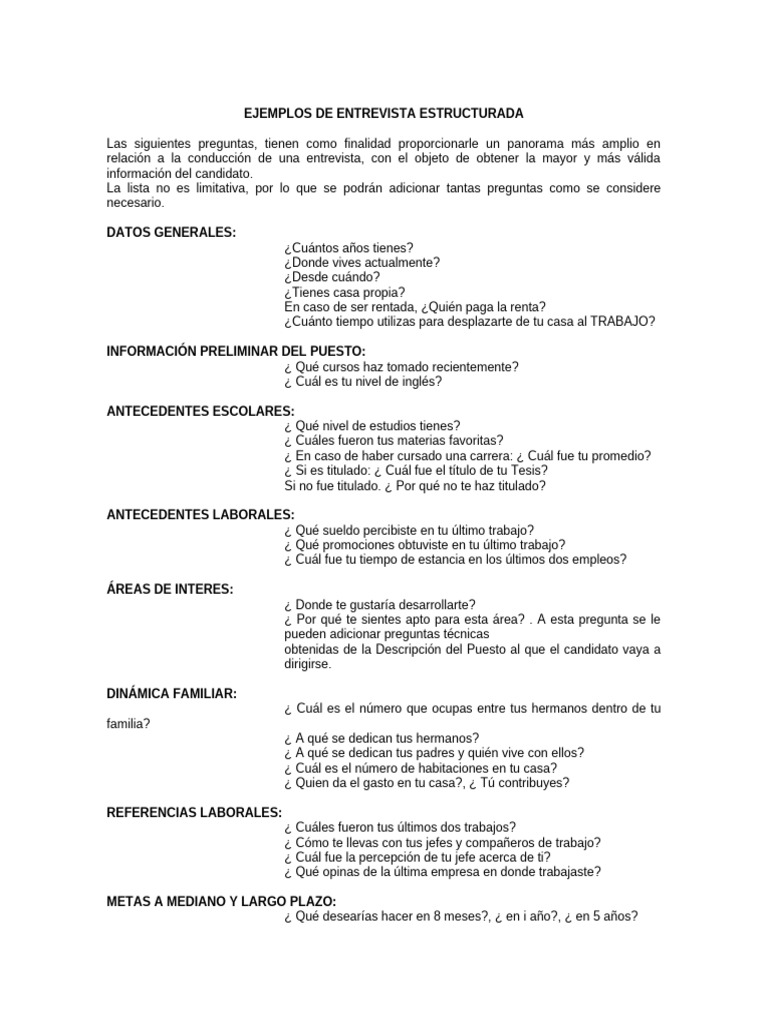 Ejemplo Entrevista Estructurada | PDF | Crecimiento personal y ...