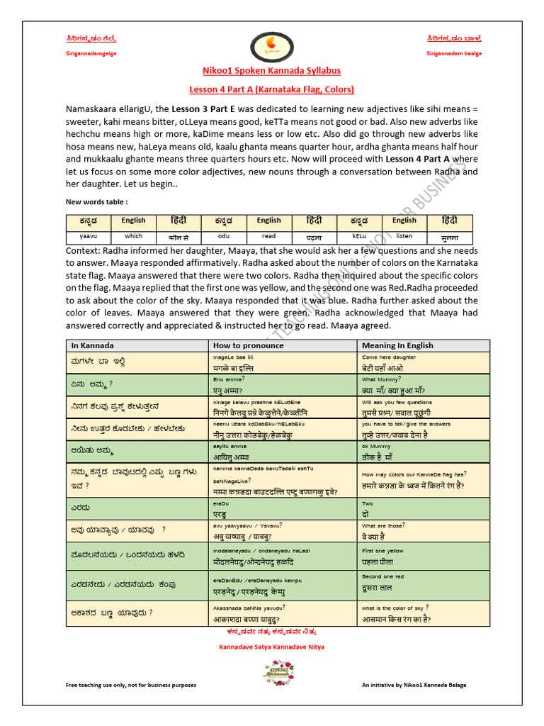 Nikoo1 Kannada Lesson4 PartA New | PDF | English Language | Language Mechanics