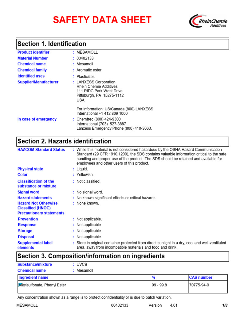 MESAMOLL MSDA Sheets | PDF | Toxicity | Dangerous Goods
