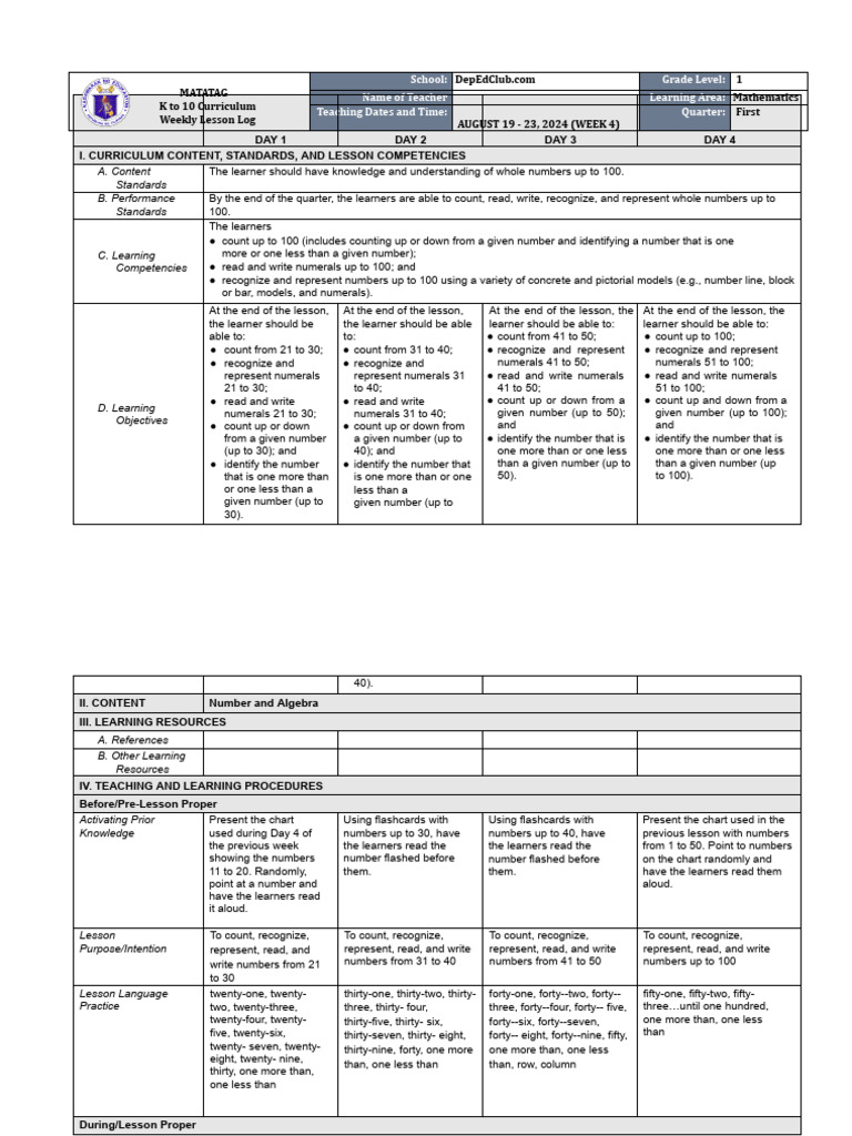 DLL Matatag Mathematics 1 q1 w4 | PDF | Learning | Cognition