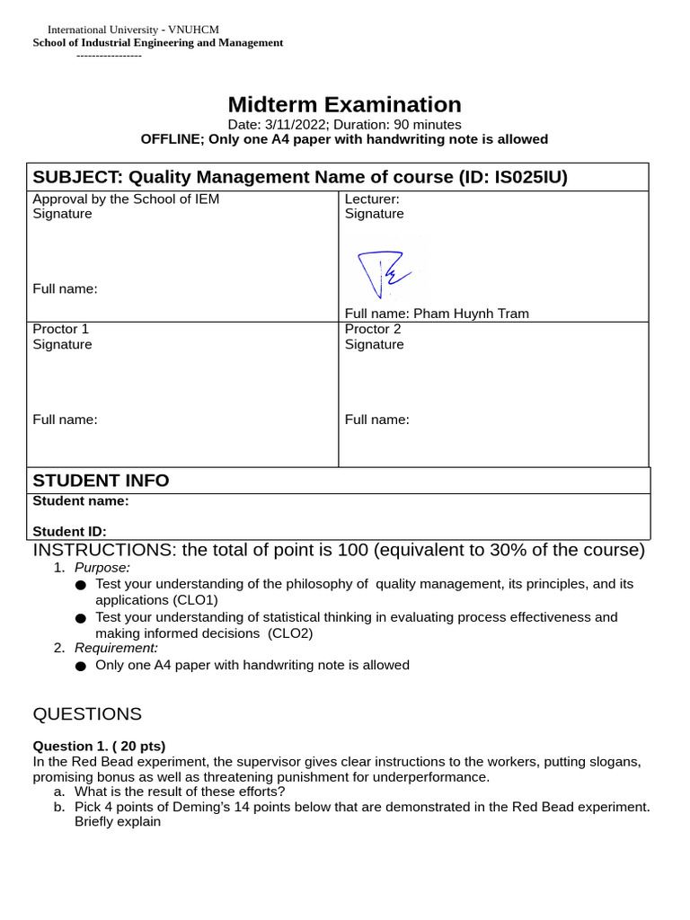 Quality Management Midterm Exam Guide | PDF | Quality (Business) | Quality Management