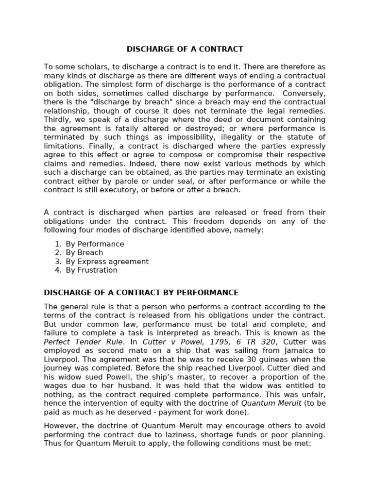 Discharge of A Contract by Performance | PDF | Breach Of Contract ...