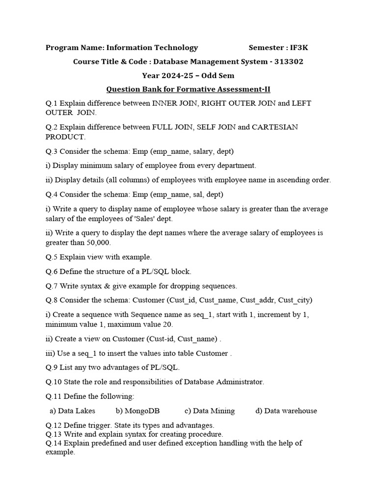 DMS - Question Bank THFA-II | PDF | Pl/Sql | Computer Data