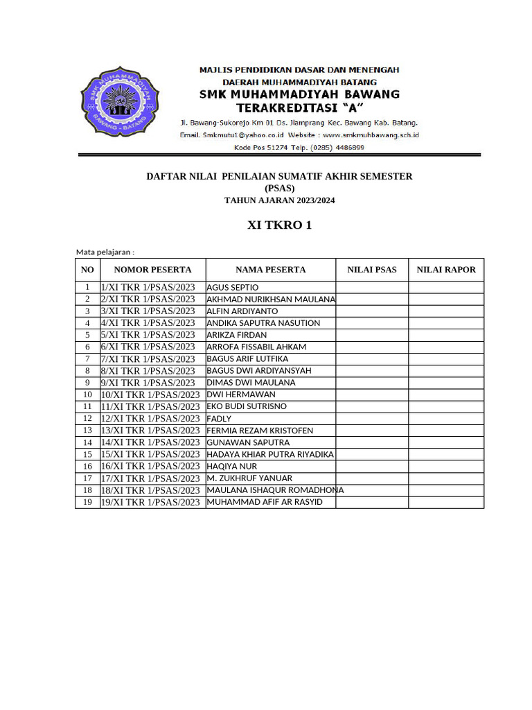 Daftar Nilai Kelas Xi | PDF