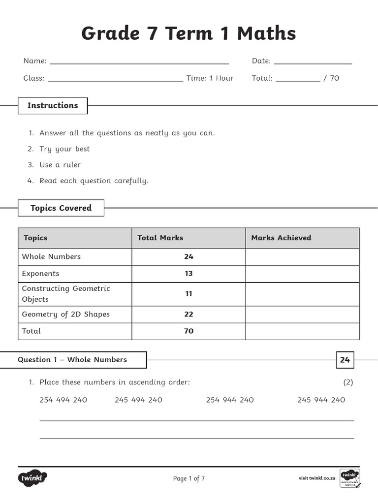 Za M 1708027045 Grade 7 Assessment Term 1 Maths Ver 3 | PDF | Triangle ...