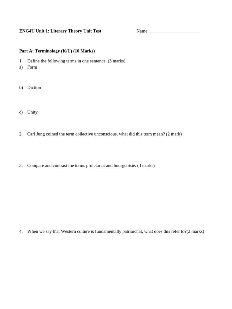 ENG4U Unit 1 Literary Theory Test | PDF