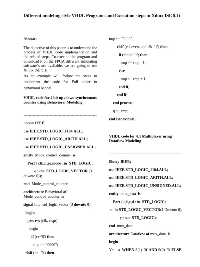 Different Modeling Style VHDL Programs and Execution Steps in Xilinx ISE 9 | PDF | Vhdl ...