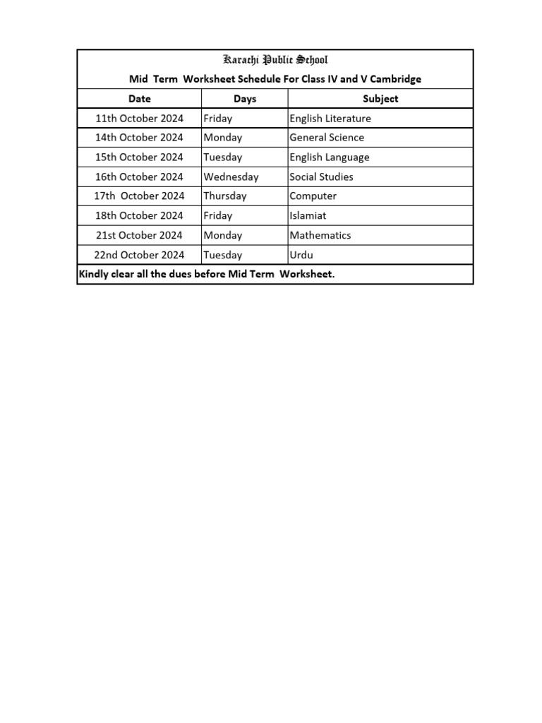 Mid Term Worksheet Schedule Cl-IV-V | PDF