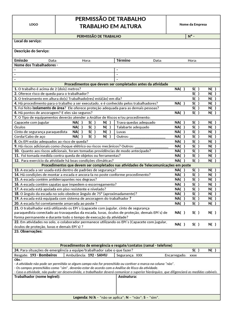 Modelo de Permissão de Trabalho P Trabalho Subt | PDF