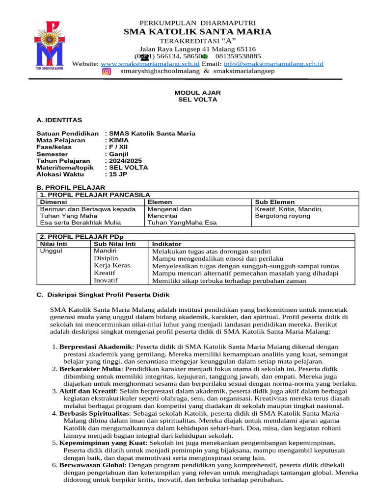 Modul Ajar Xii - 6. Sel Volta | PDF | Karier & Perkembangan | Sains & Matematika