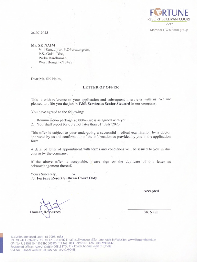 Offer Letter of MR - SK Naim | PDF