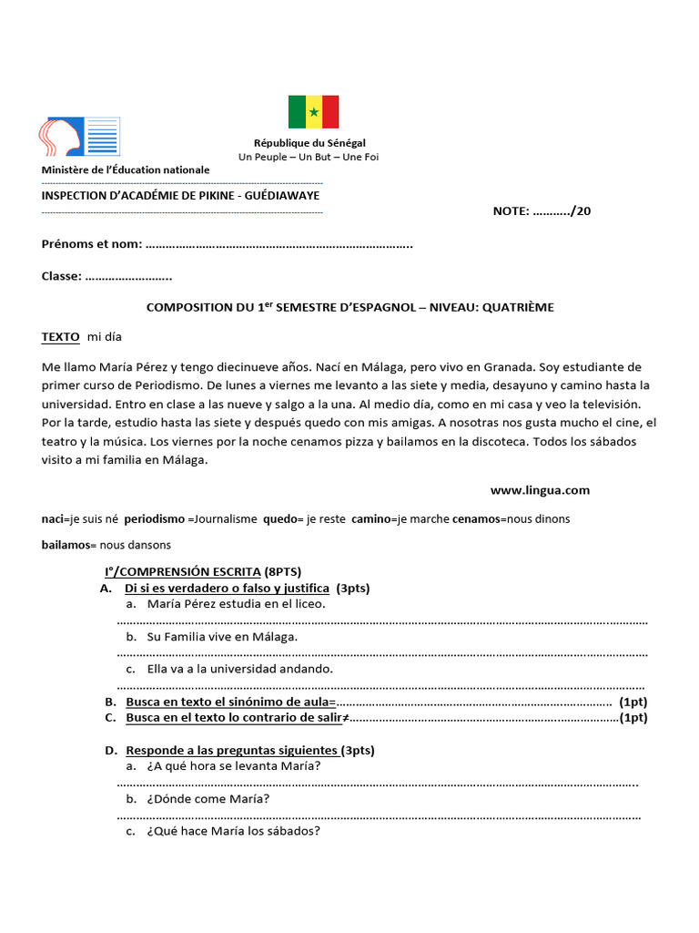 SUJET COMPO 4eme ESPAGNOL IAPG | PDF