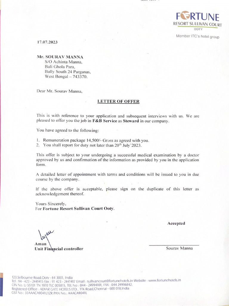 Offer Letter For Mr. Sourav Manna | PDF