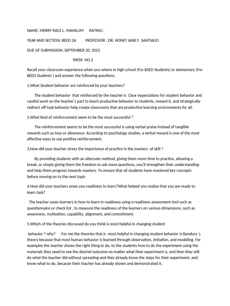 Education Student Reflection | PDF