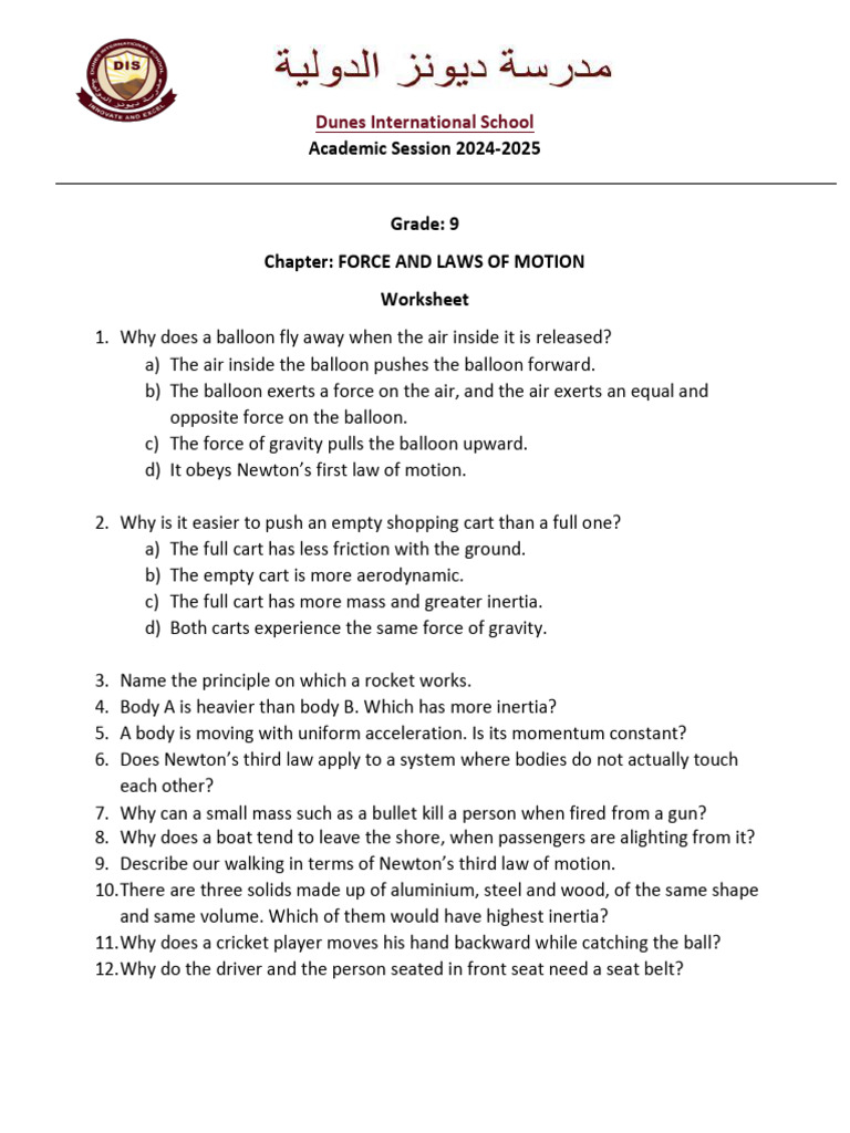 GRADE 9 Force and Laws of Motion WORKSHEET | PDF | Force | Newton's ...