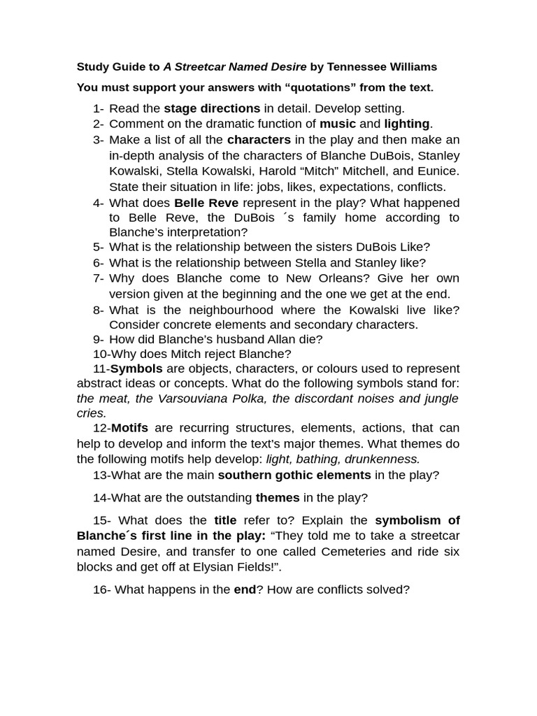 A Streetcar Named Desire Study Guide | PDF