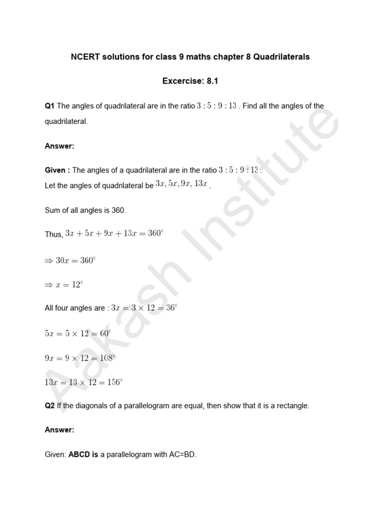 Class 9 Maths Chapter 8 Quadrilaterals Solutions | PDF | Rectangle ...