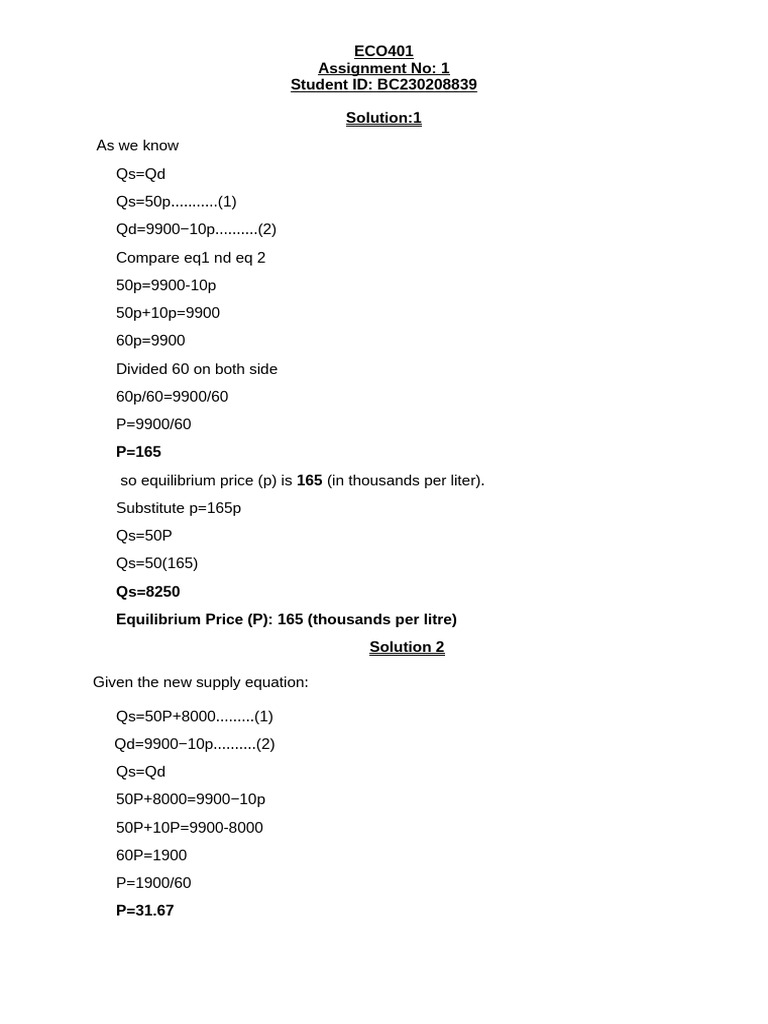 ECO401 Assignment: Equilibrium Analysis | PDF | Teaching Methods & Materials