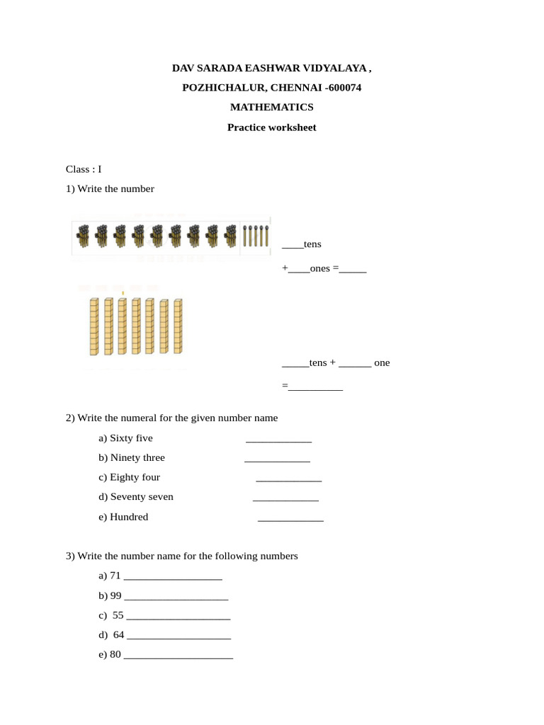 STD 1 Maths WS | PDF