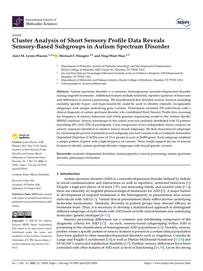 Cluster Analysis of Short Sensory Profile Data Reveals Sensory-Based Subgroups in Autism ...