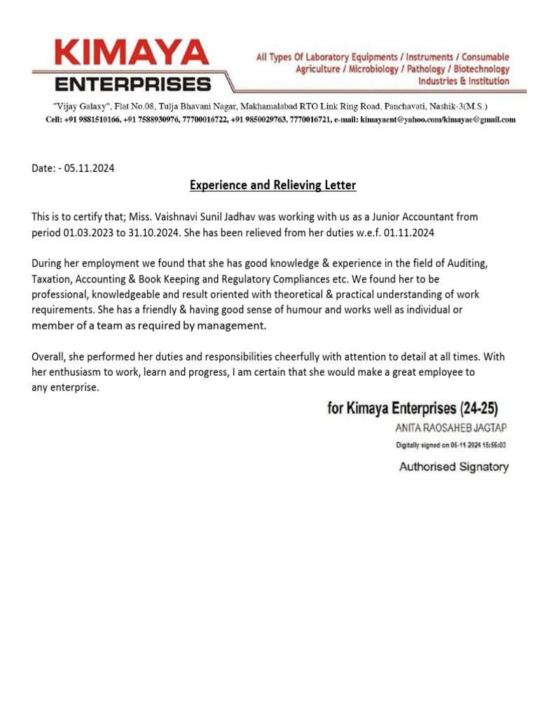 Vaishnavi - Experience & Relieving Letters | PDF