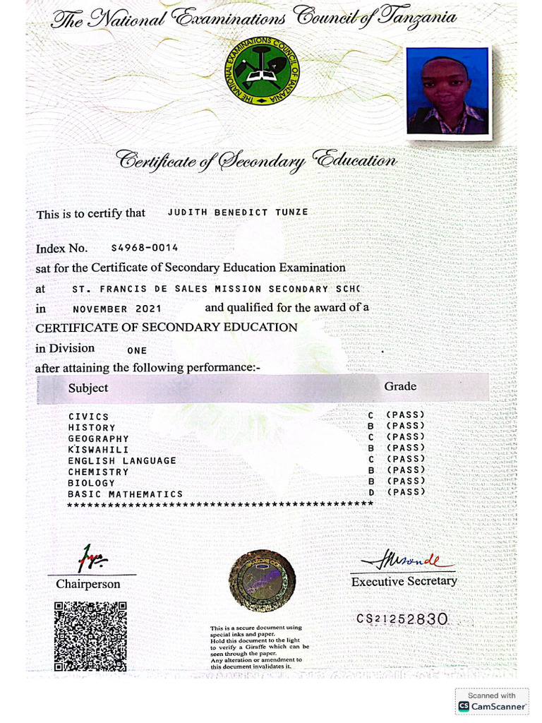 Cheti Cha Form Four | PDF