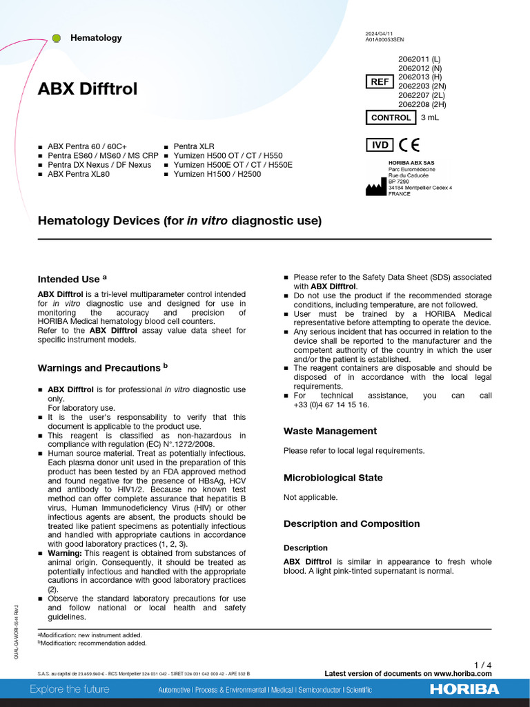 ABX Difftrol: Hematology Control Guide | PDF | Medical Specialties ...