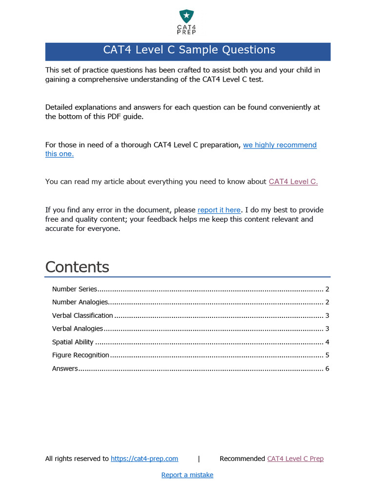 CAT4 Level C Sample Questions | PDF | Cognitive Psychology | Cognitive ...