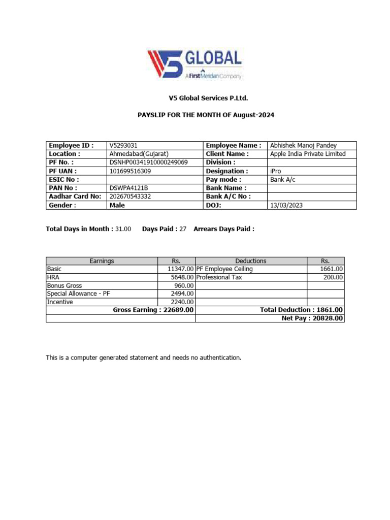 Employee Payslip August 2024 | PDF