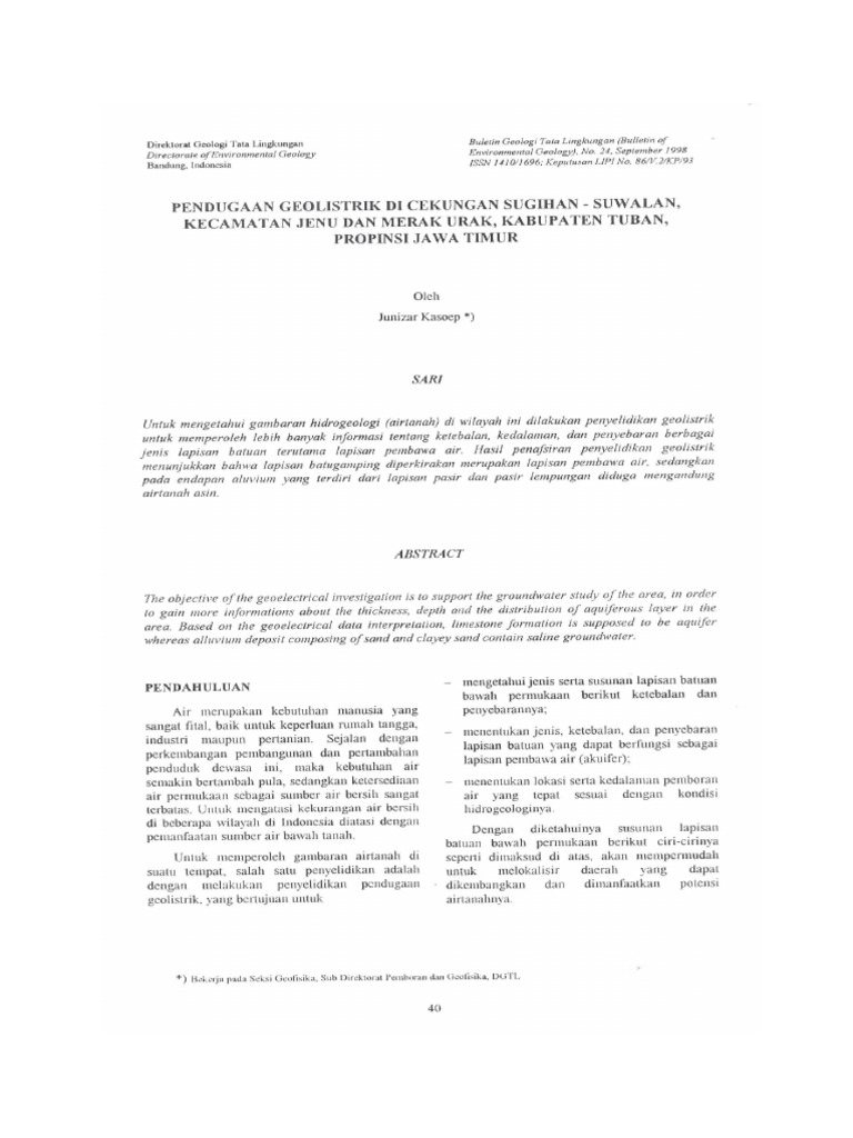 Pendugaan Geolistrik Di Cekungan Sugihan-Suwalan, Kecamatan Jenu Dan Merak Urak, Kabupaten Tuban ...