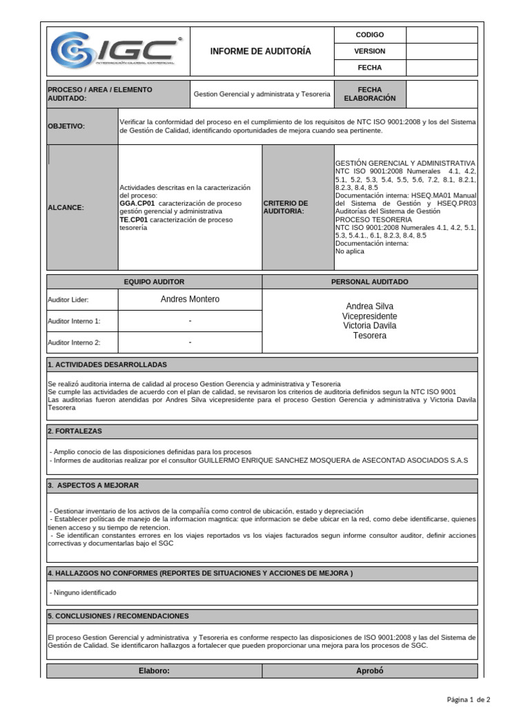 Formato Informe de Auditoria | PDF | Auditoría | Sistema de manejo de ...