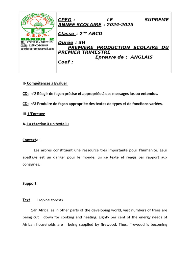 2ème Devoir D'anglais Du 1er Trimestre | PDF | Plantation | Agriculture