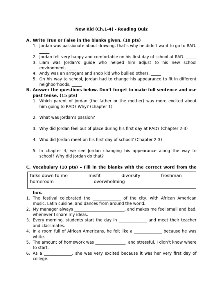 New Kid ch.1-4 Quiz | PDF | Foreign Language Studies | Wellness