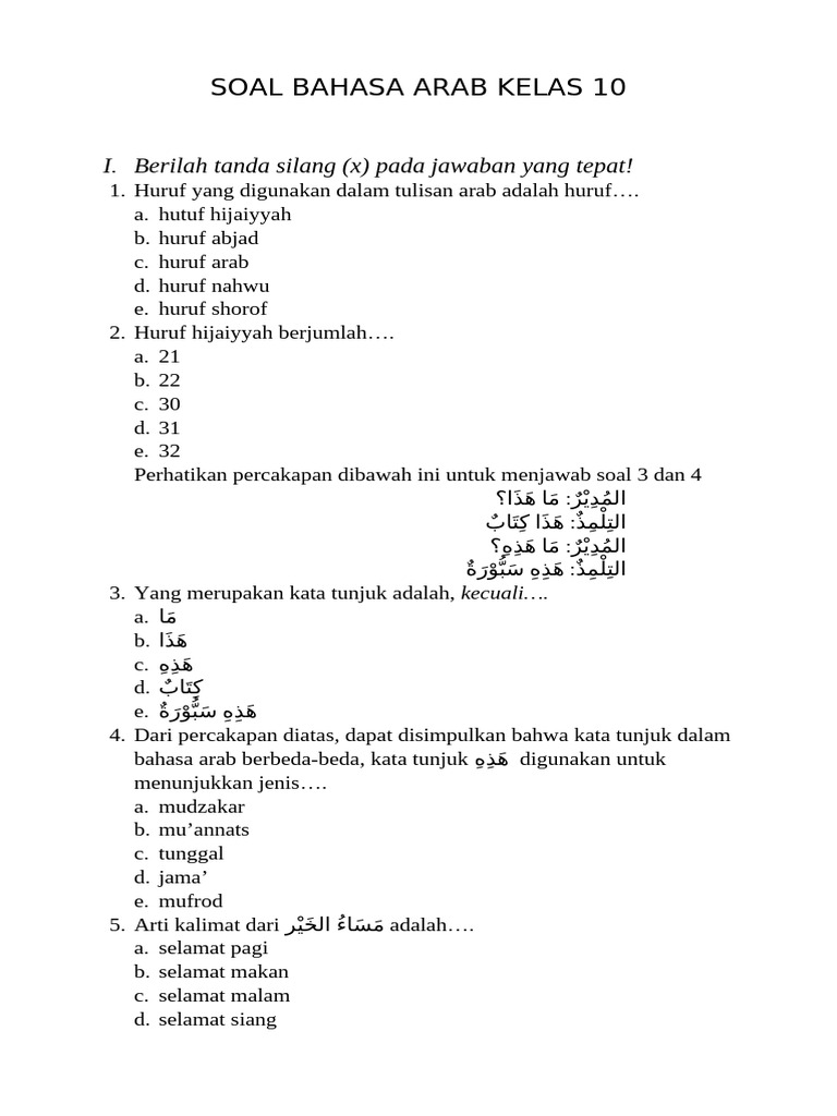 Soal Bahasa Arab Kelas 10 | PDF