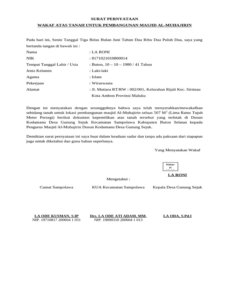 1 Surat Pernyataan Wakaf La Roni | PDF