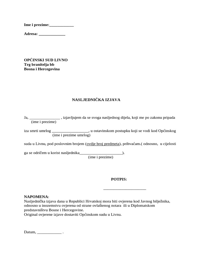 Nasljednicka Izjava | PDF