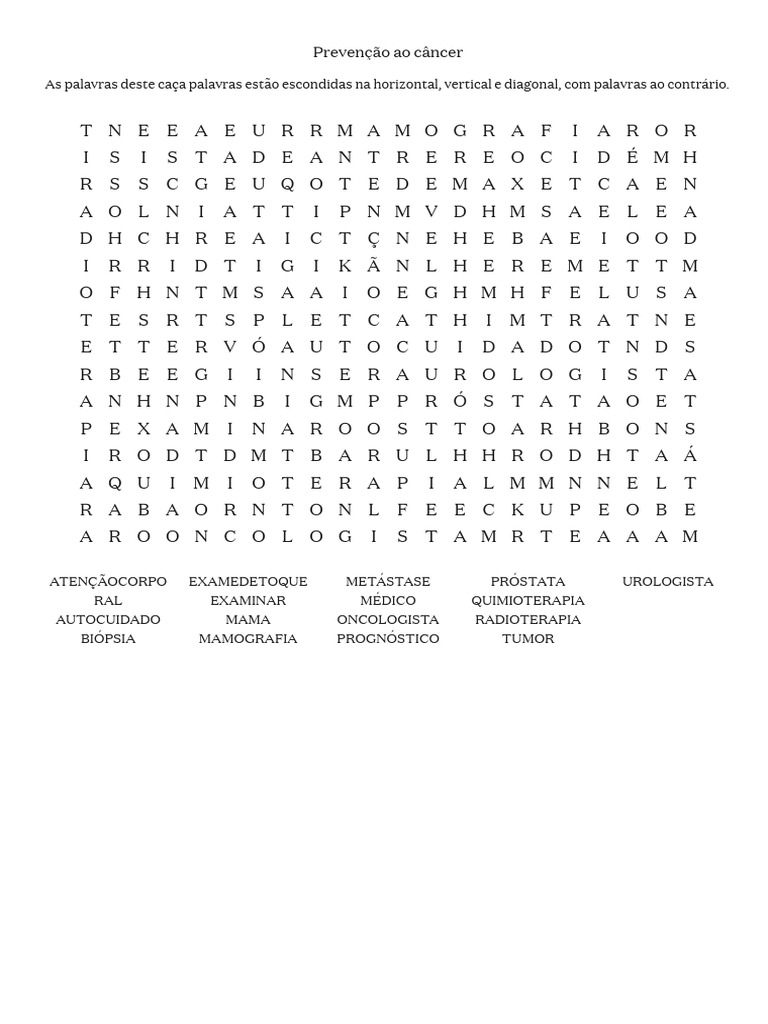 Prevenção Ao Câncer - Imprimir Caça Palavras | PDF