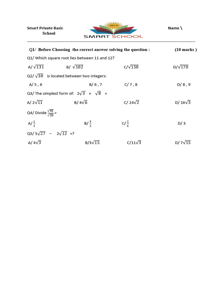 Math Square Roots Quiz | PDF