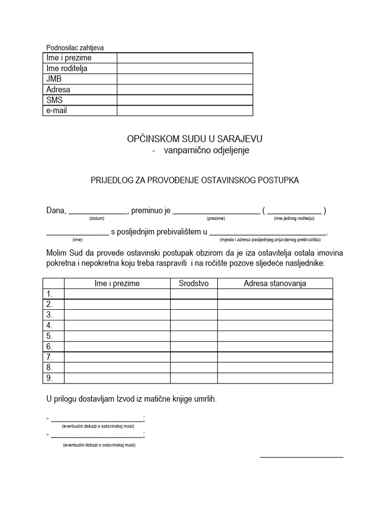 Zahtjev Za Pokretanje Ostavinskog Postupka | PDF