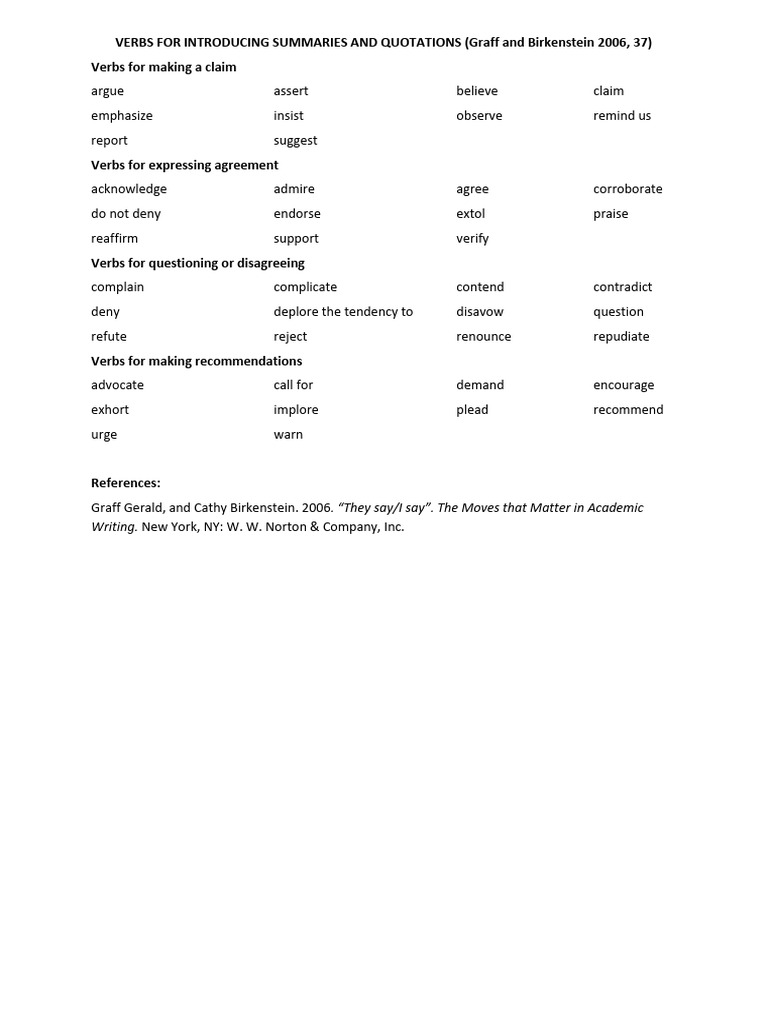 VERBS FOR INTRODUCING SUMMARIES AND QUOTATIONS | PDF