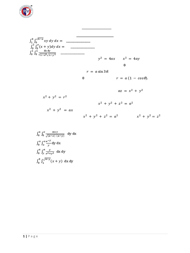 22MA11C-Unit-4 - Tutorial Sheets-Multiple Integrals | PDF | Integral | Area