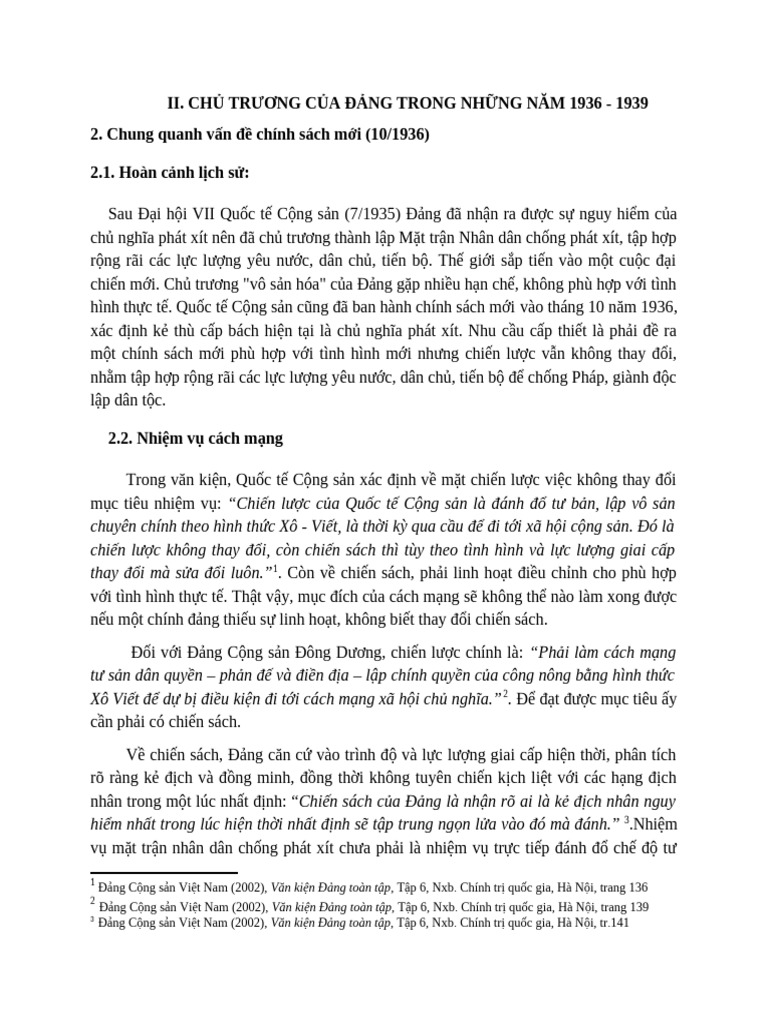 Ii. Chủ Trương Của Đảng Trong Những Năm 1936 - 1939 2. Chung quanh vấn đề chính sách mới (10/ ...
