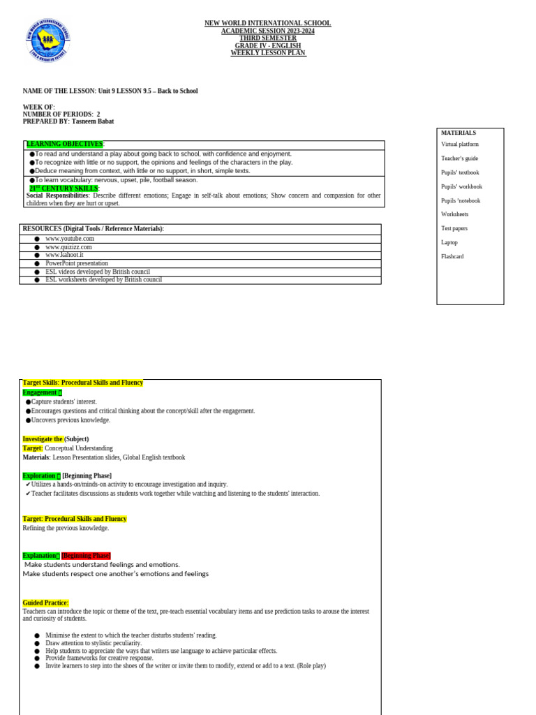 Lesson Plan GR4 L9.5 | PDF | Lesson Plan | Emotions