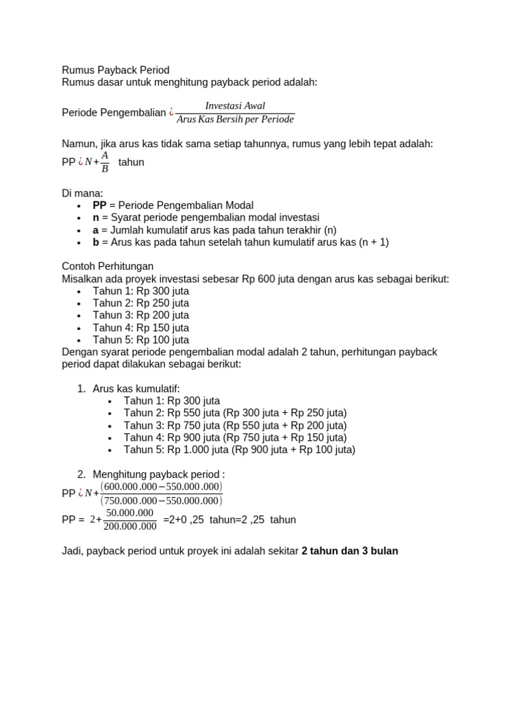 Rumus Payback Period | PDF | Pengelolaan Keuangan & Uang | Hukum