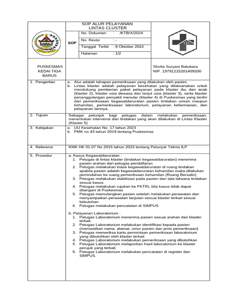 Sop Lintas Klaster KEDAI TIGA BARUS | PDF