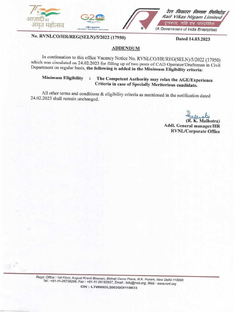 Addendum For The Post of CAD Operator Draftsman in Civil Department | PDF