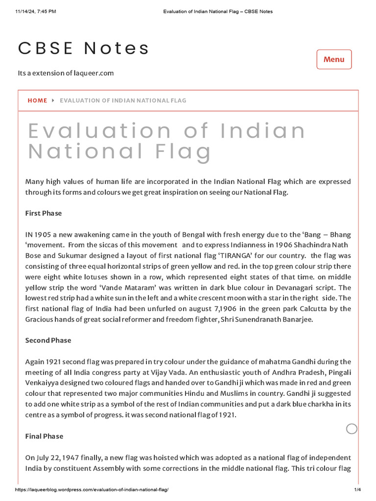 Evaluation of Indian National Flag - CBSE Notes | PDF | Flag