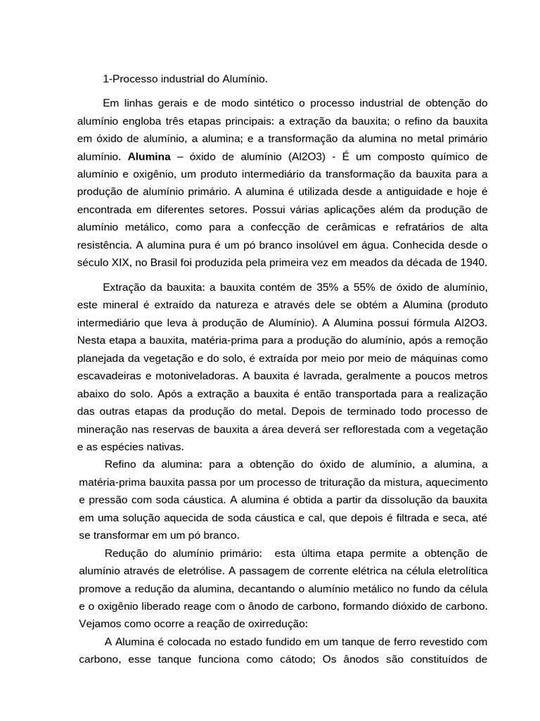 Processo de Produção de Alumínio | PDF | Óxido de alumínio | Alumínio