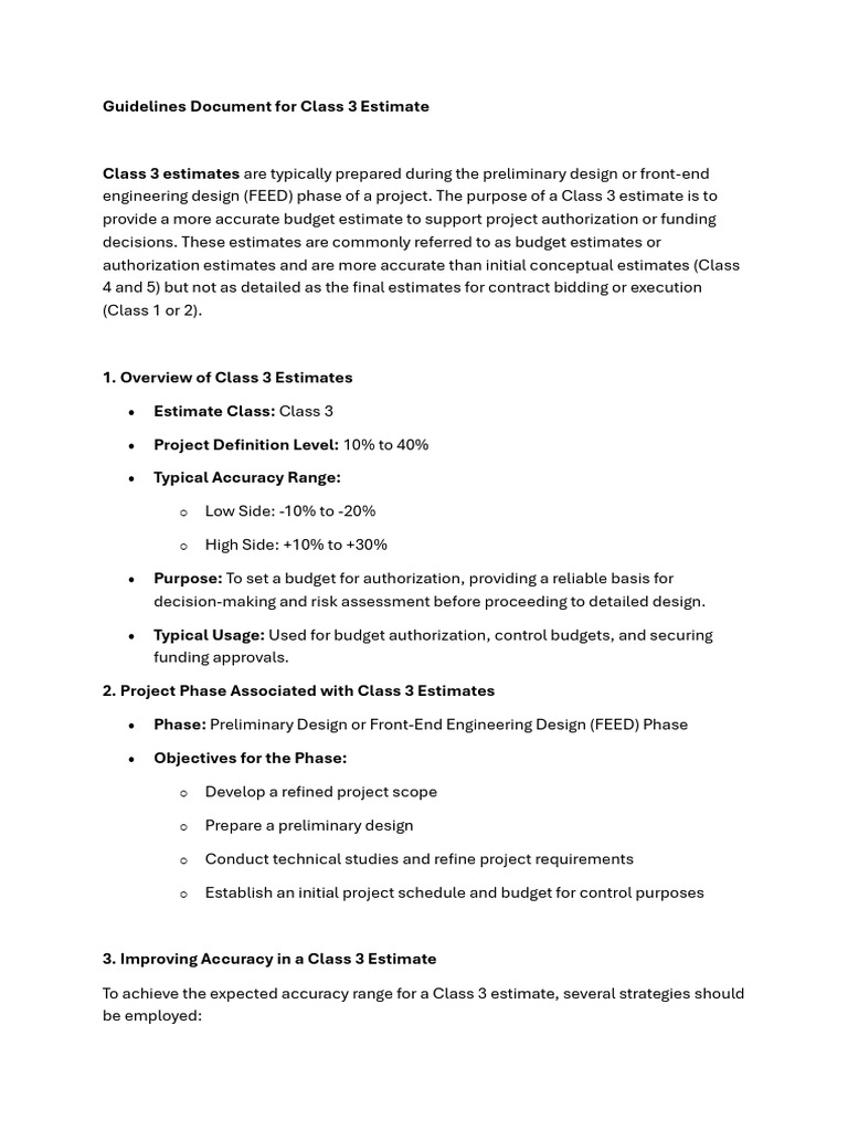 Guidelines Document For Class 3 Estimate | PDF | Specification ...